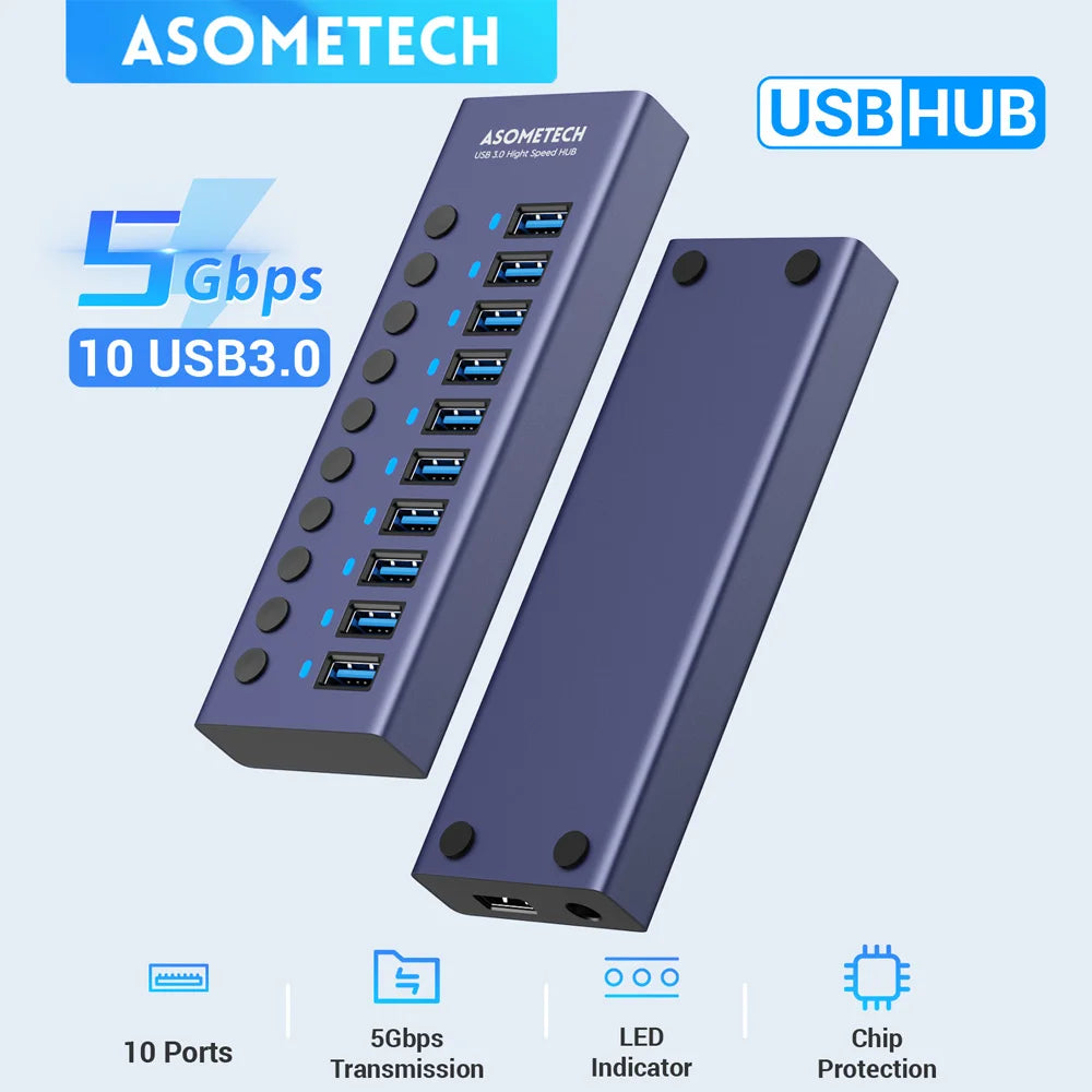 10 Port USB 3.0 Hub USB Hub 3.0 Multi USB Splitter 5Gbps Speed + 60W 12V/5A Power Adapter ...