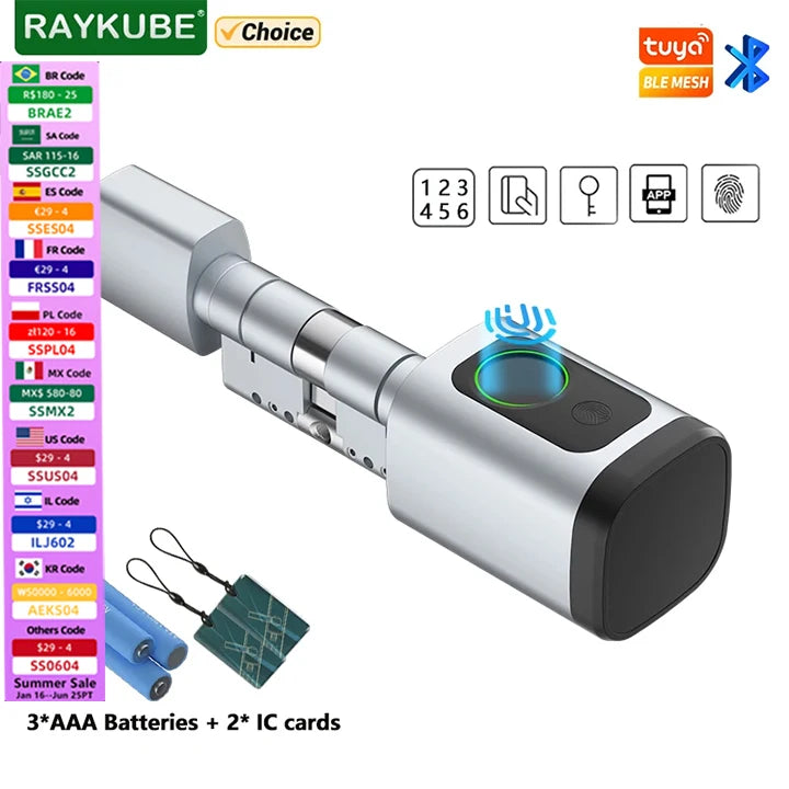 RAYKUBE V1 Smart Cylinder Lock With Tuya BLE Fingerprint IC Card ...