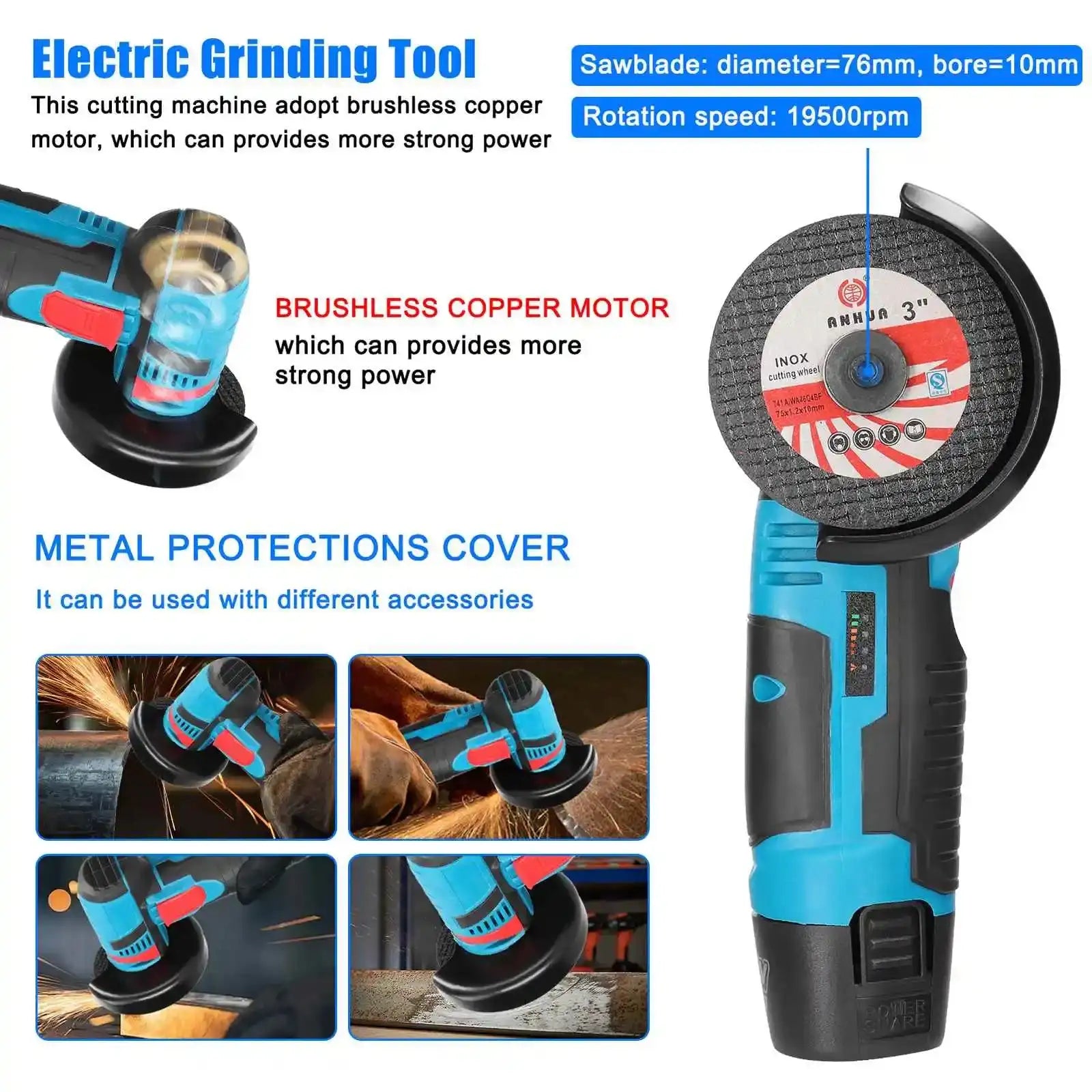19500rpm 12V Mini Angle Grinder Cordless Electric Grinding Machine ...
