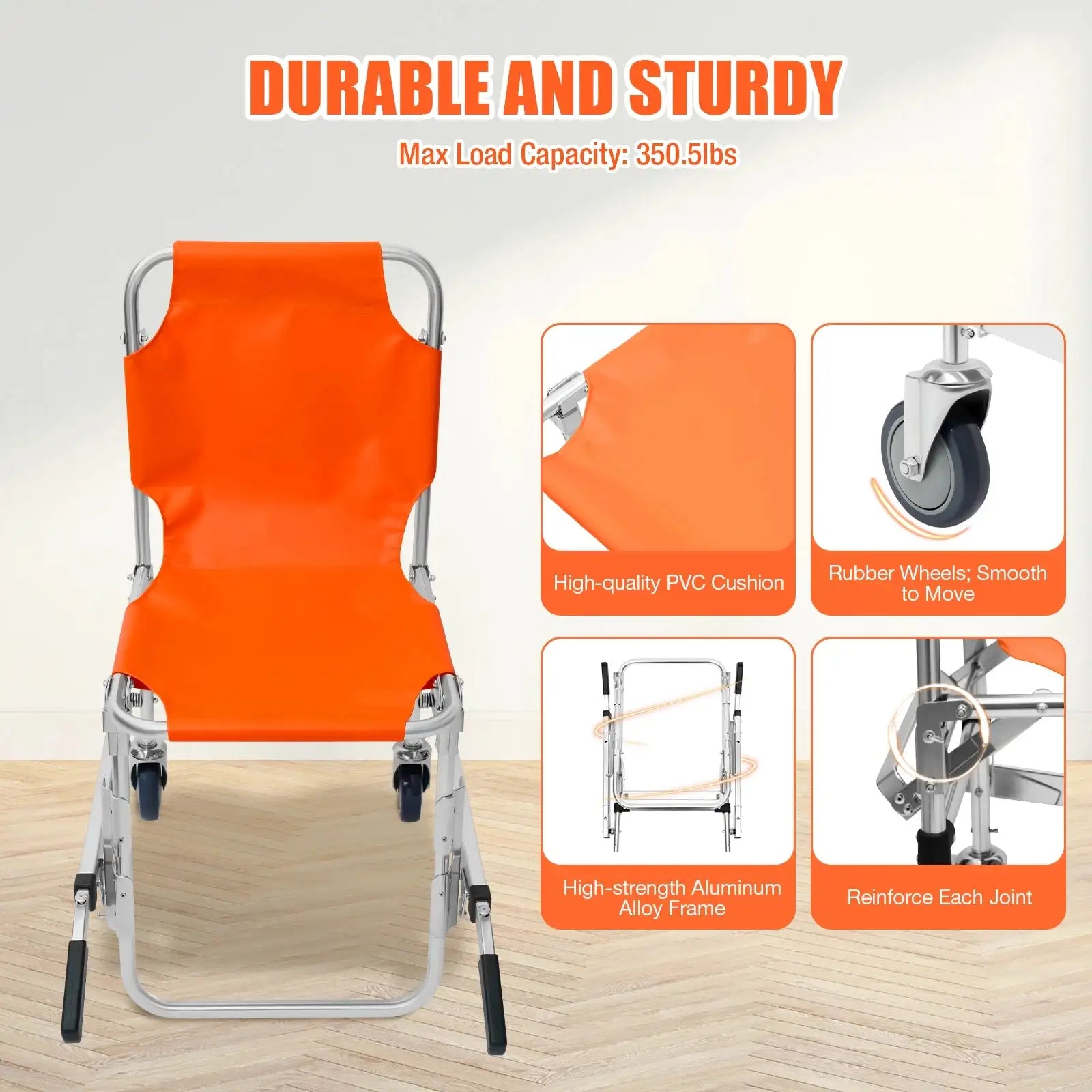 350LBS Capacity Medical Stair Chair W/ Wheels Foldable Patient ...