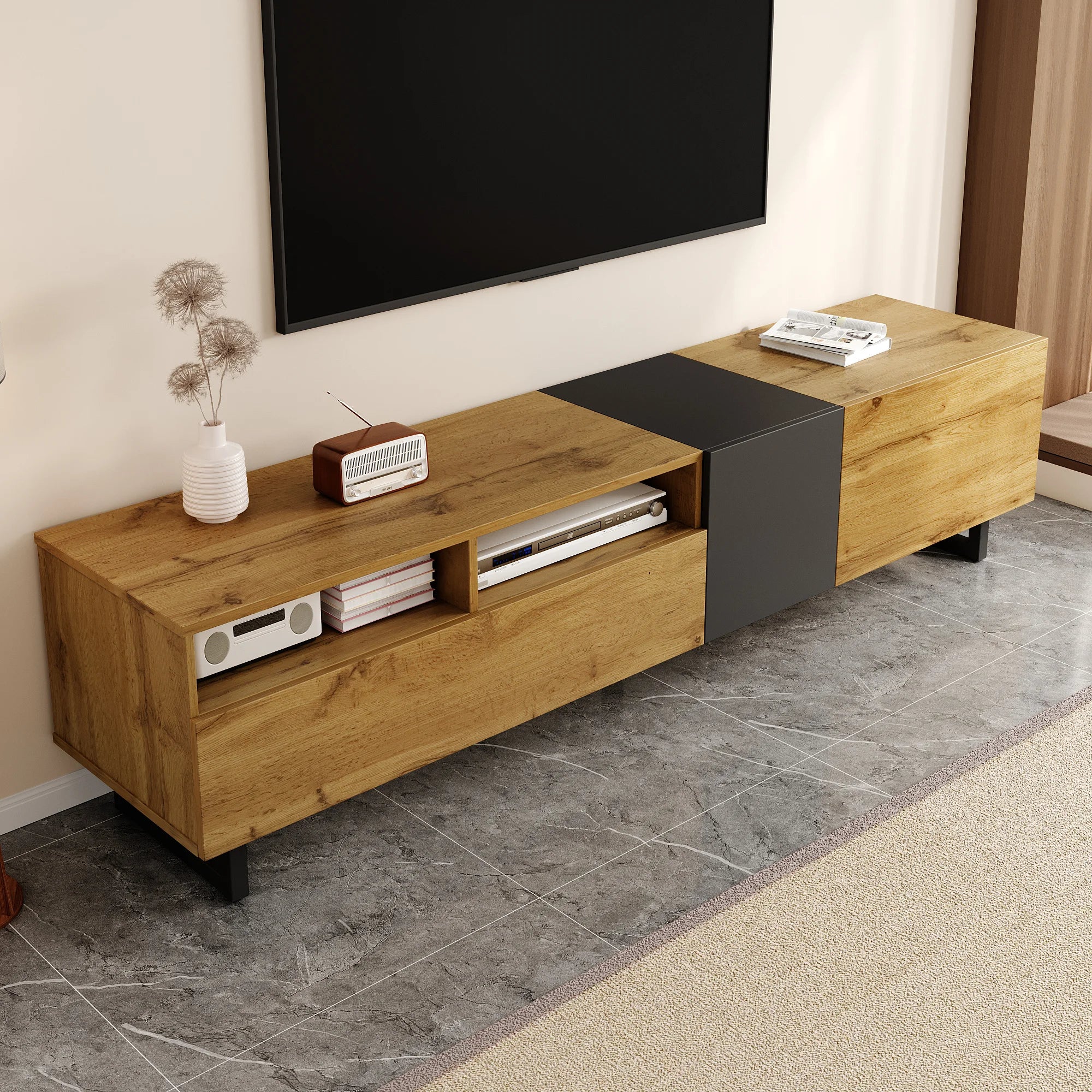 Colorblock TV cabinet, simple contrast color design, three doors and ...