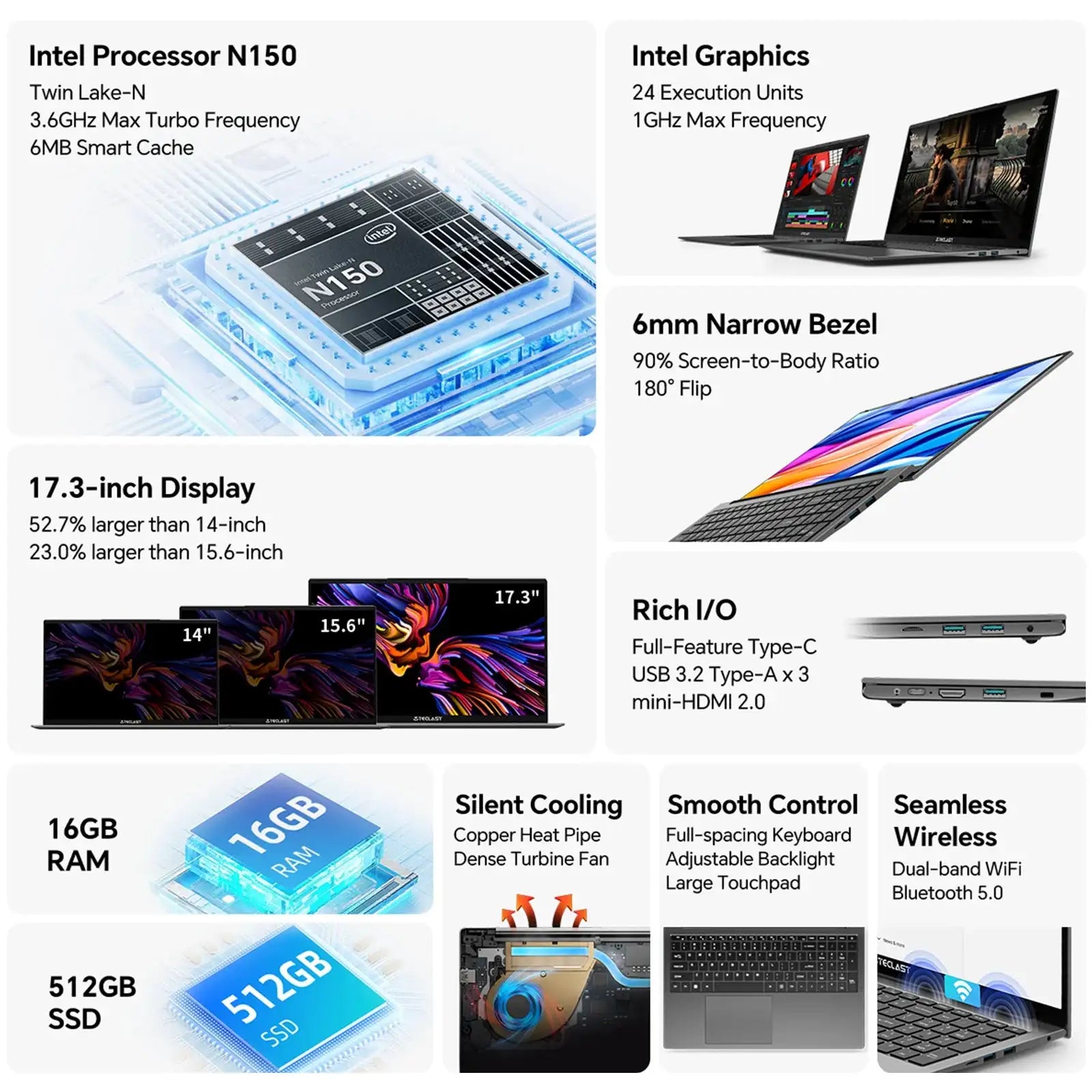 Teclast F17 Plus 2025 Laptop 17.3 polegadas Intel N150 Computador 16GB ...