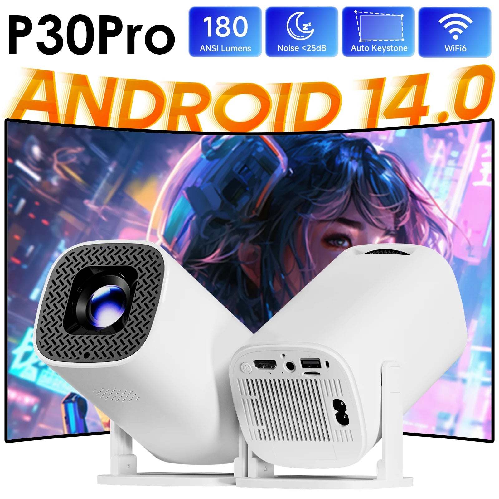 P30PRO Android 14 Slimme Mini Projector WiFi6 BT 5.0 Ondersteunt 4K 1280 * 720P Ondersteunt ...