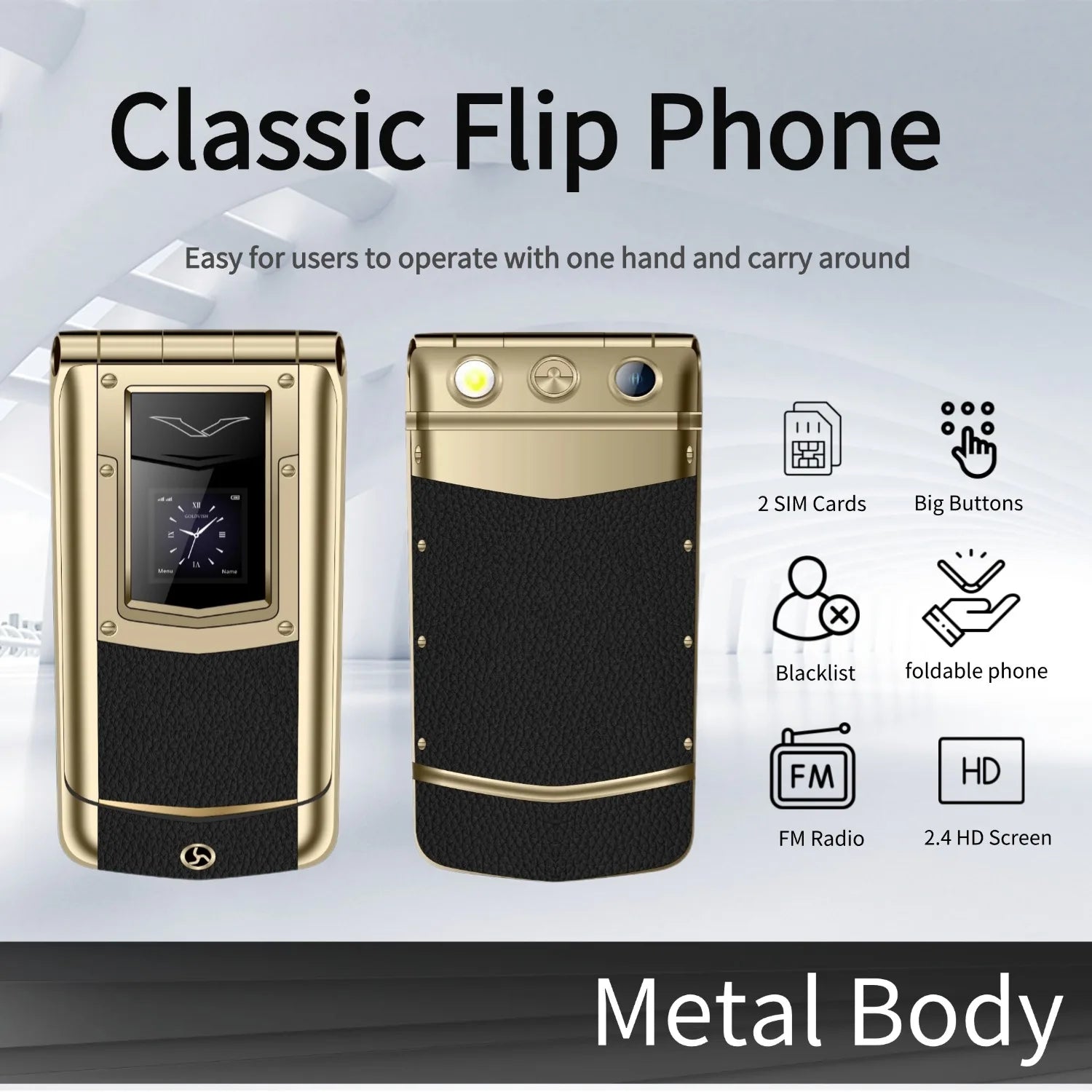 Luxury Metal Flip Phone for Men Dual SIM Business Phone Big Button Dual ...