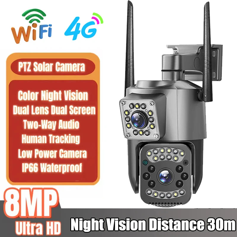 4G Sim Card Camera 8MP 4K Dual Lens Outdoor WiFi PTZ IP Camera Night ...