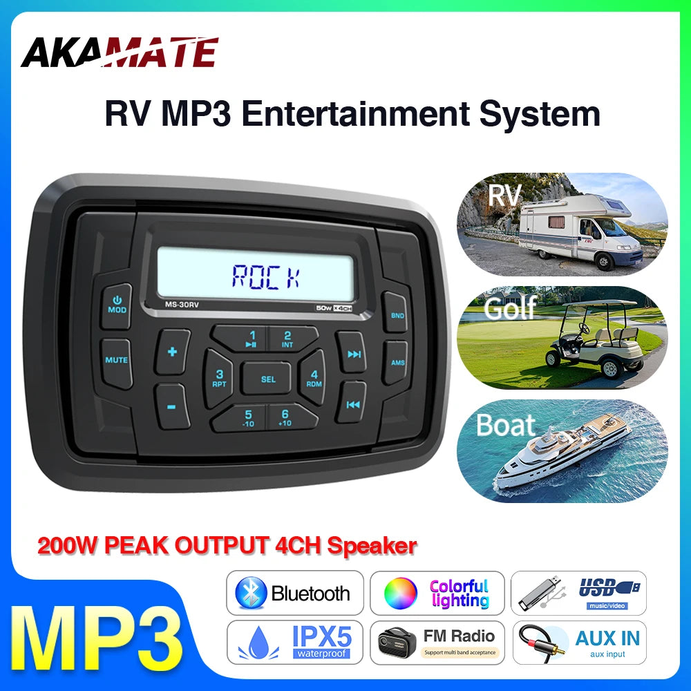For RV MP3 Radio Stereo Bluetooth FM AM EQ Waterproof IPX5 AUX Media ...