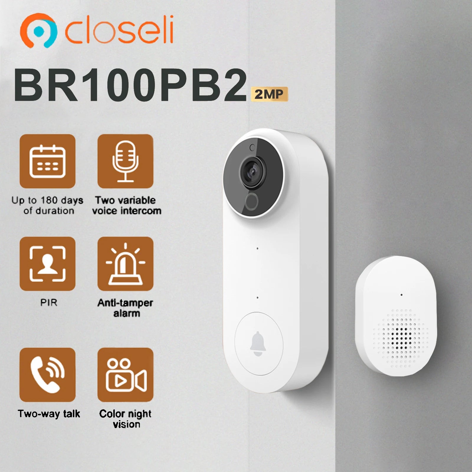 Bezprzewodowy wodoodporny dzwonek do drzwi Closeli BR100PB2 2MP ...