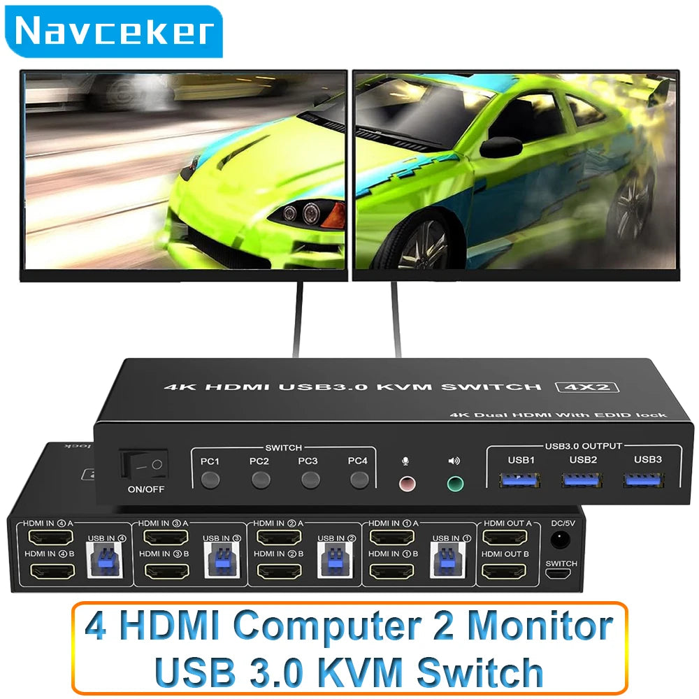 4 Port HDMI USB 3.0 KVM Switch 4X2 Dual Monitor 4K@60Hz Extended ...