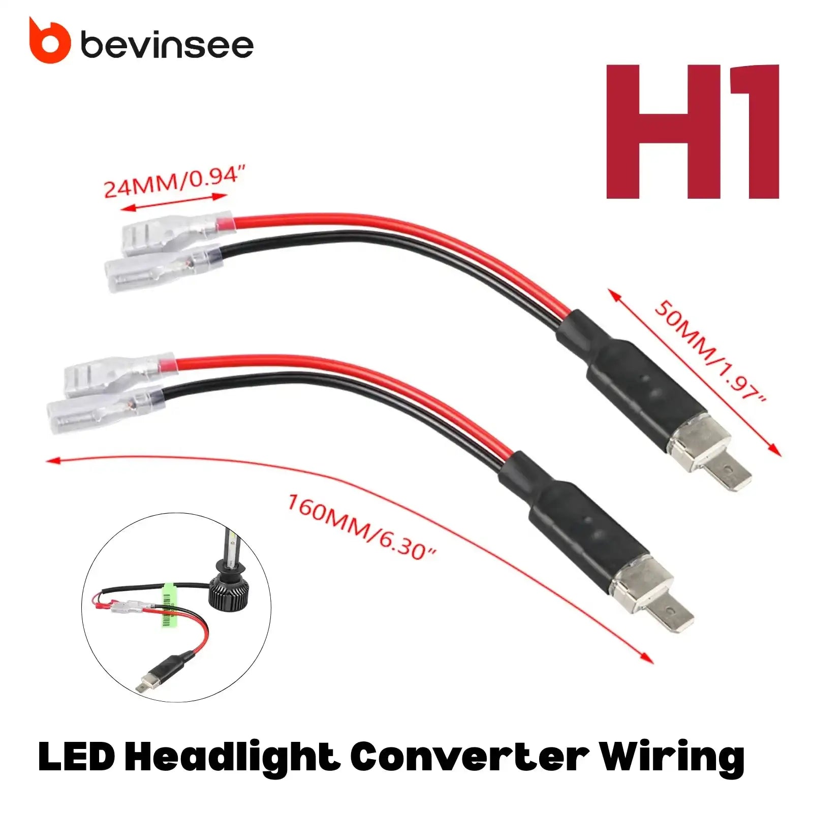 2pcs H1 LED Headlight Adapter Cables Male Plug Single Diode Converter ...