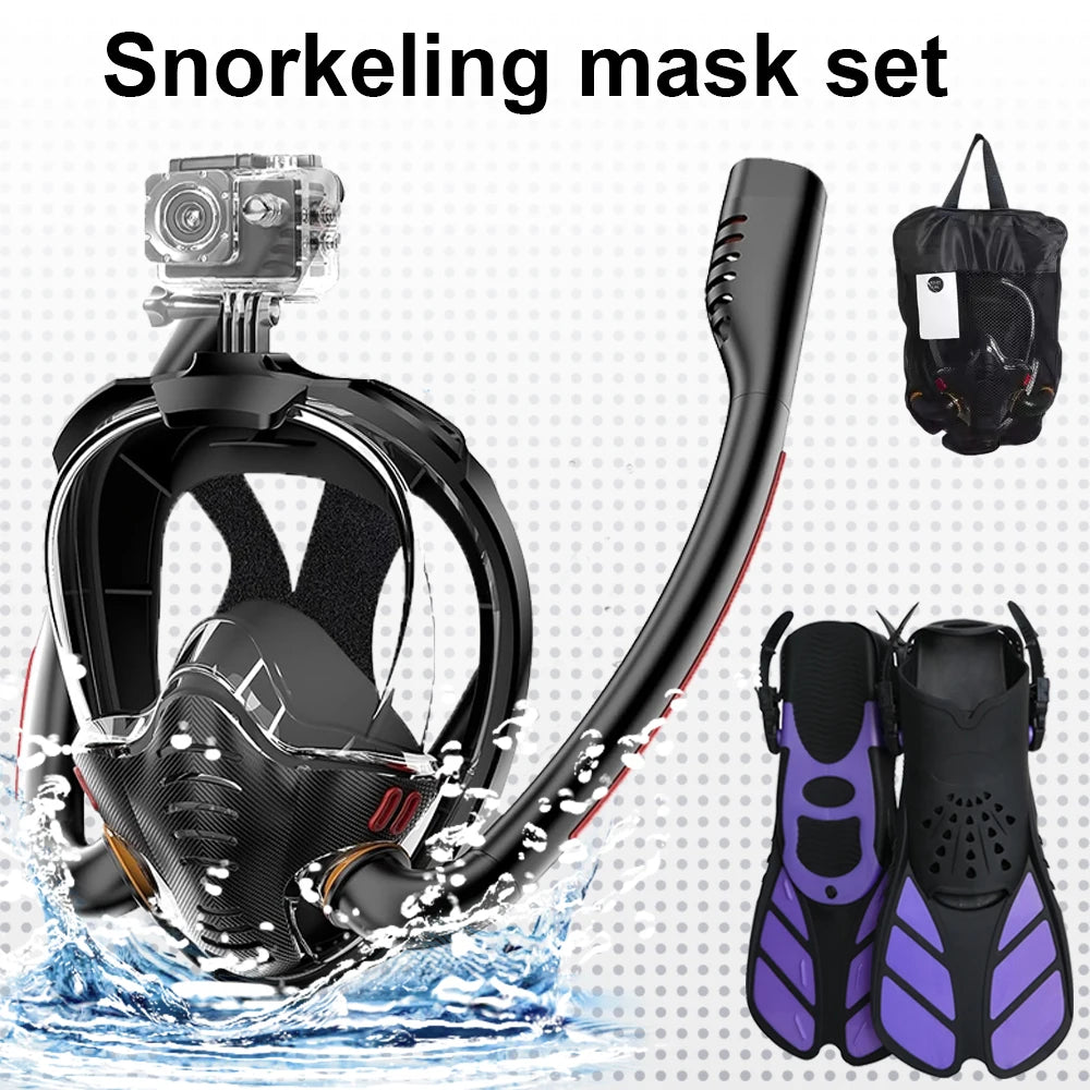 Underwater Snorkeling Black Purple Silicone Flippers Full Face Swim ...