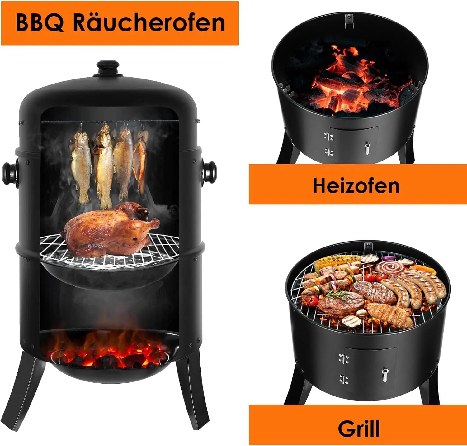 Smoker Oven, 3in1 Grill Charcoal Smoker Barrel Water Smoker, Round ...