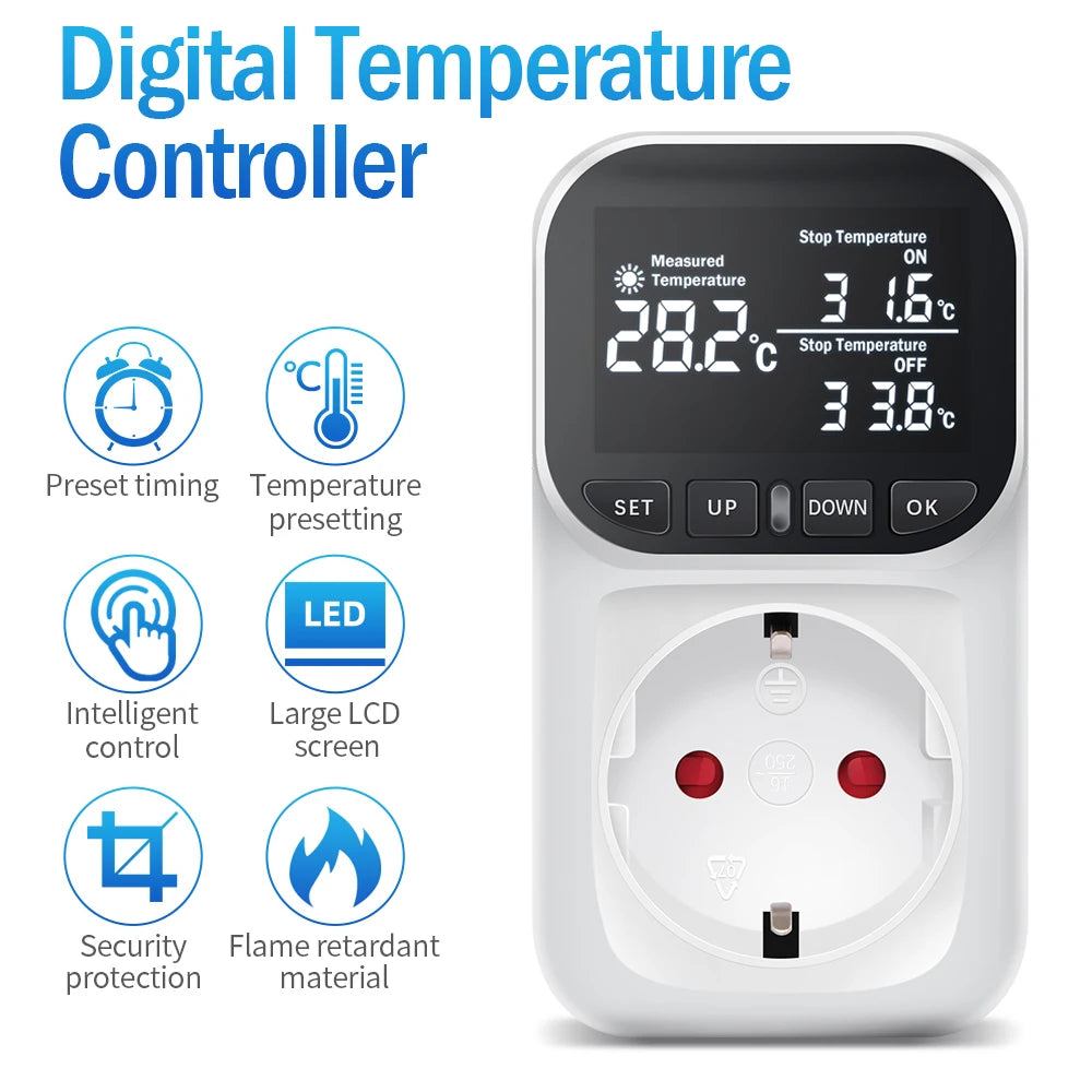 Digital Temperature Controller Socket Thermostat EU Plug 220V LCD Display Preset Timer Switch ...