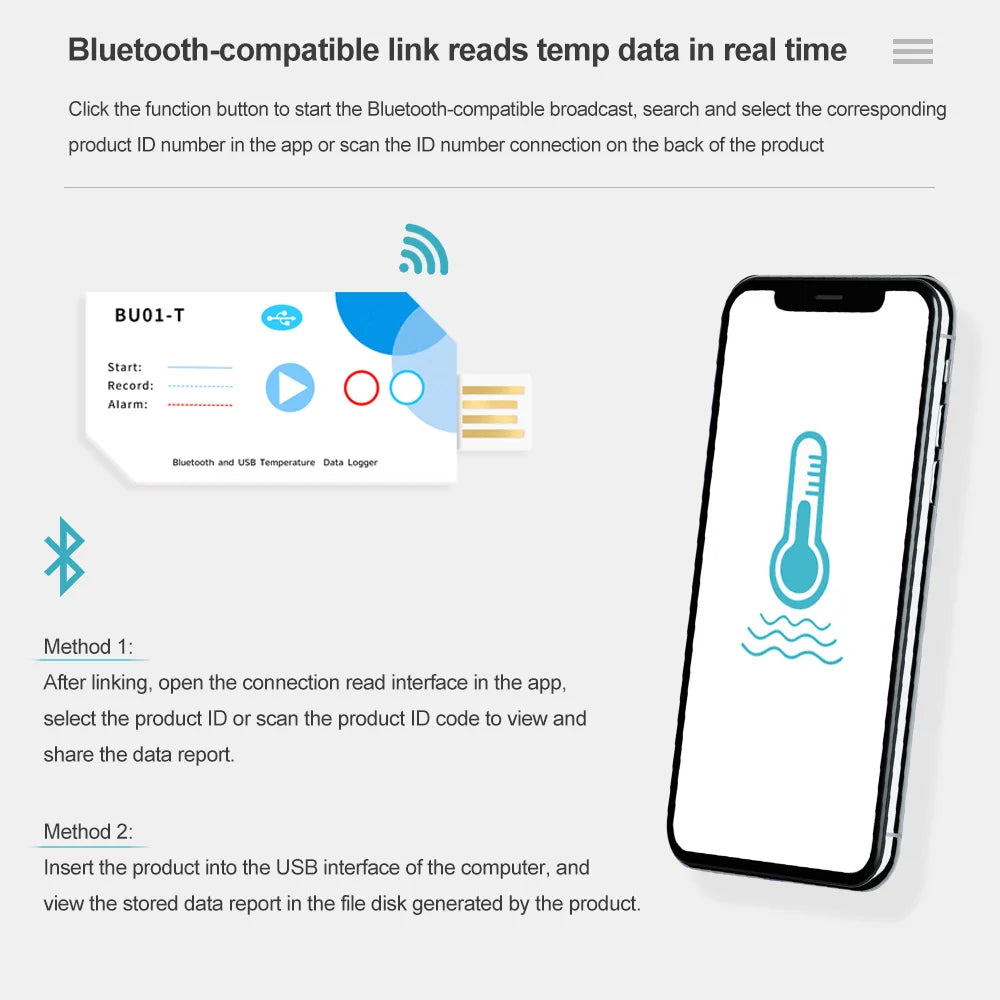Bluetooth Usb Temperature Data Logger 30℃~70℃ Temp Recorder 32000 Points Capacity Datalogger