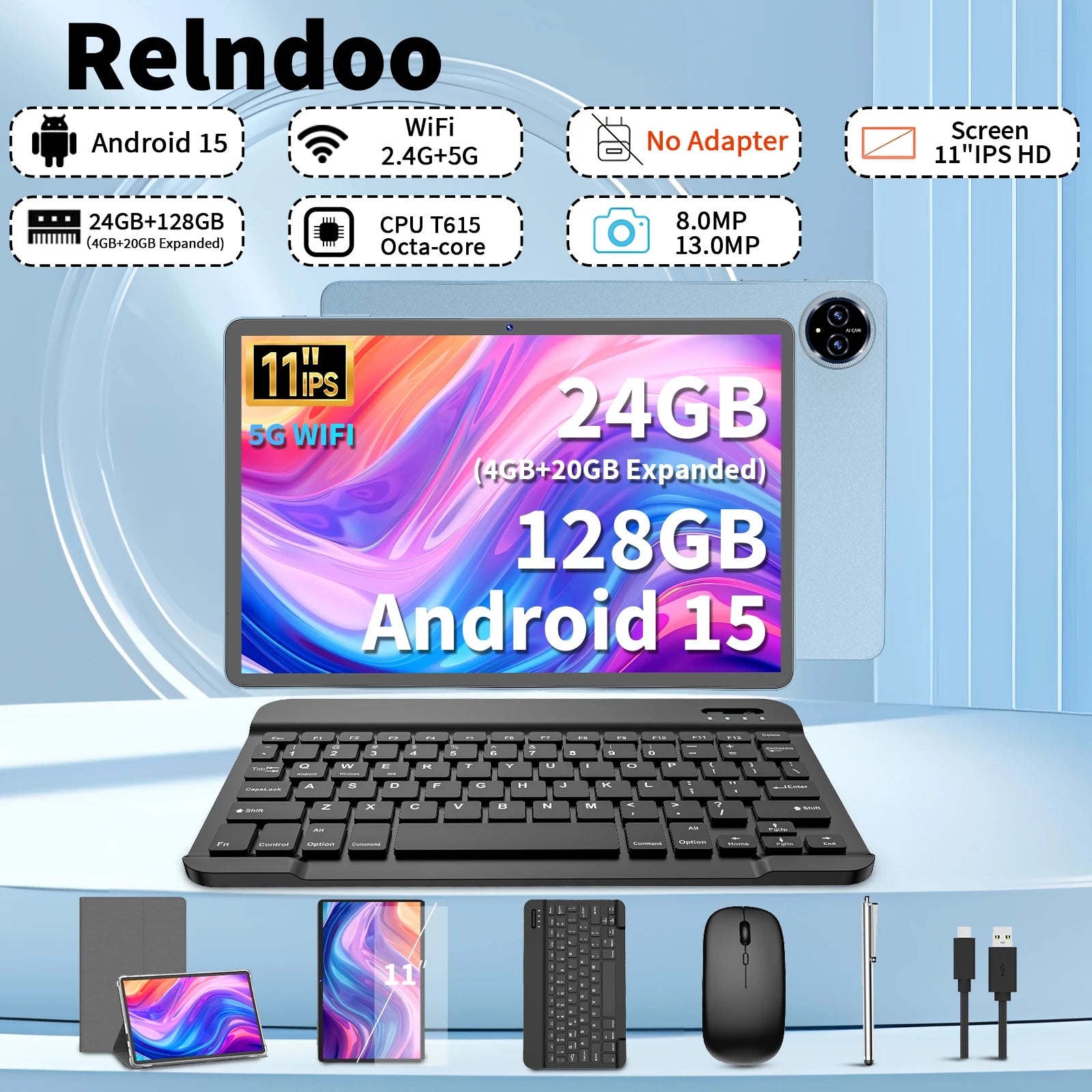 2025 Relndoo 11 инчов Android 15 таблет, 24GB(4+20 разширена) RAM+128GB ...