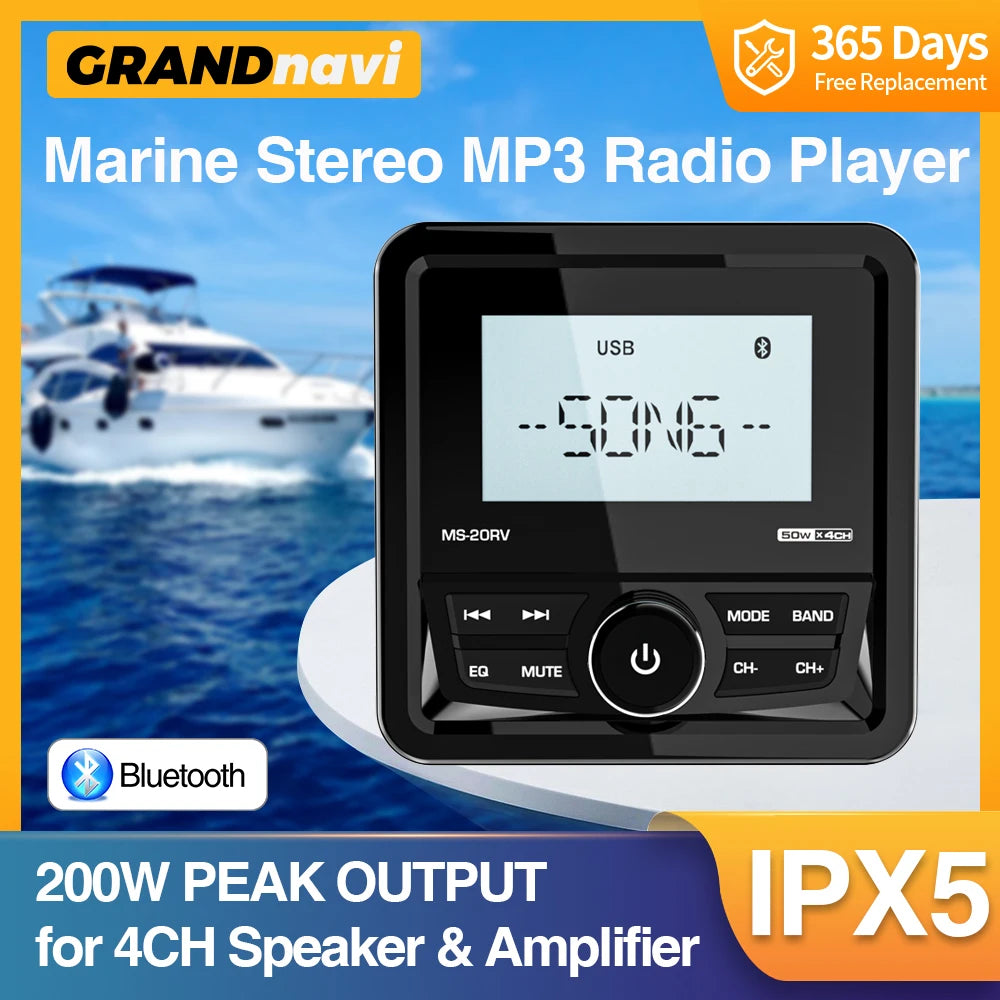GRANDnavi Marine Radio Boat Stereo FM AM Digital Media Audio Player Bl ...