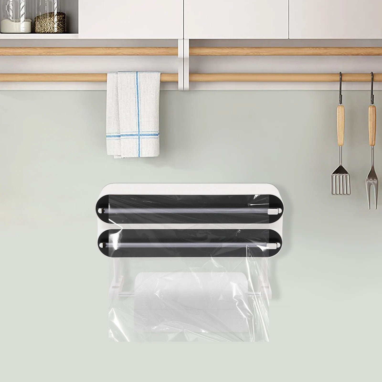 Dispensador de film transparente de pared con 2 ganchos, soporte de rollo de pared 3 en 1 para ...