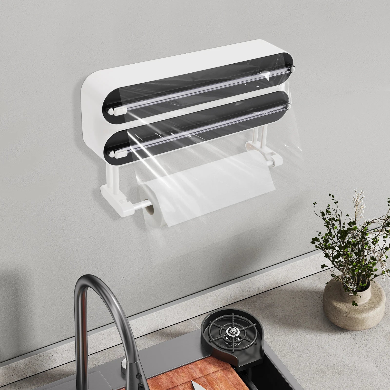 Dispensador de film transparente de pared con 2 ganchos, soporte de rollo de pared 3 en 1 para ...