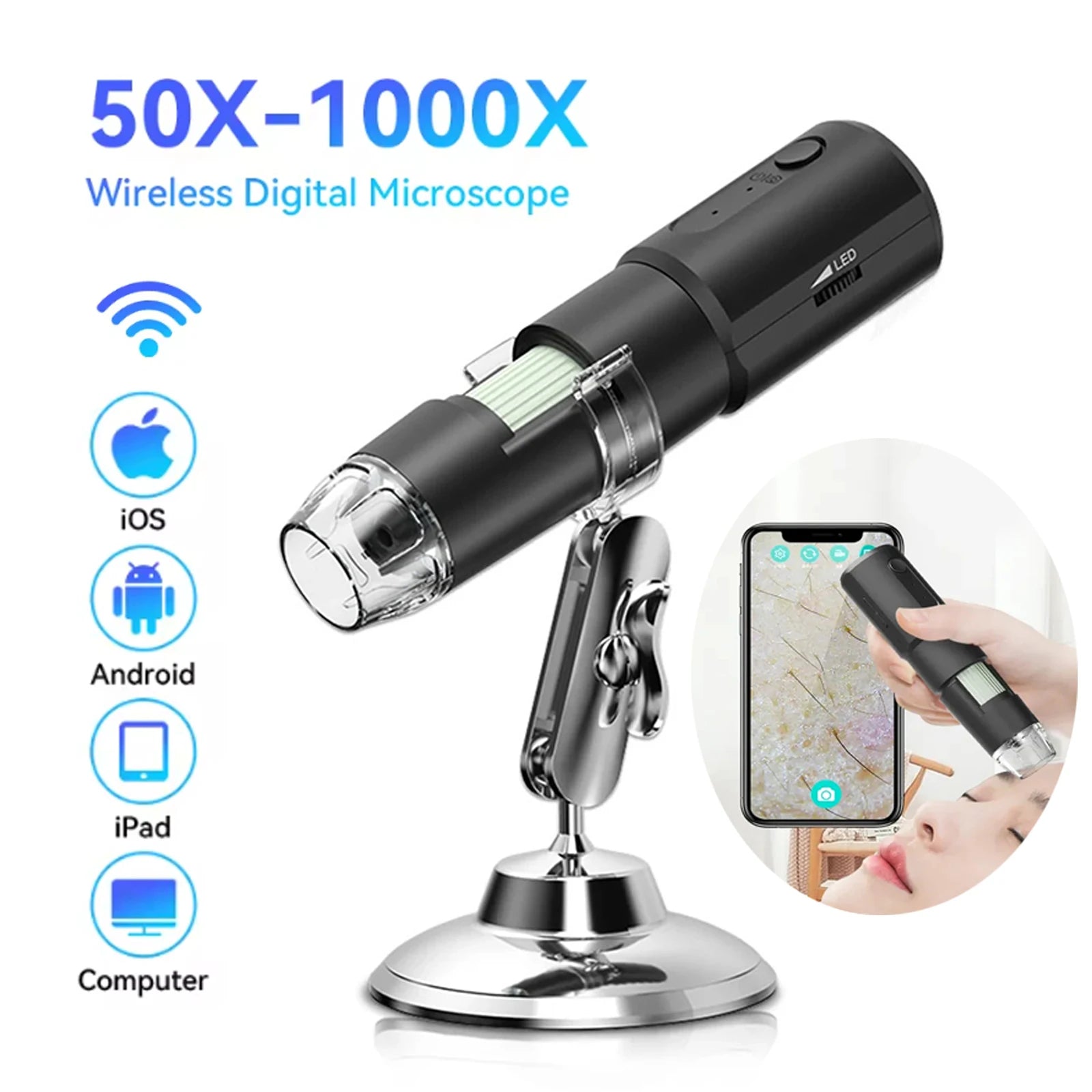 Digital Microscope WiFi Wireless Electron Dermatoscope Scalp Detection ...