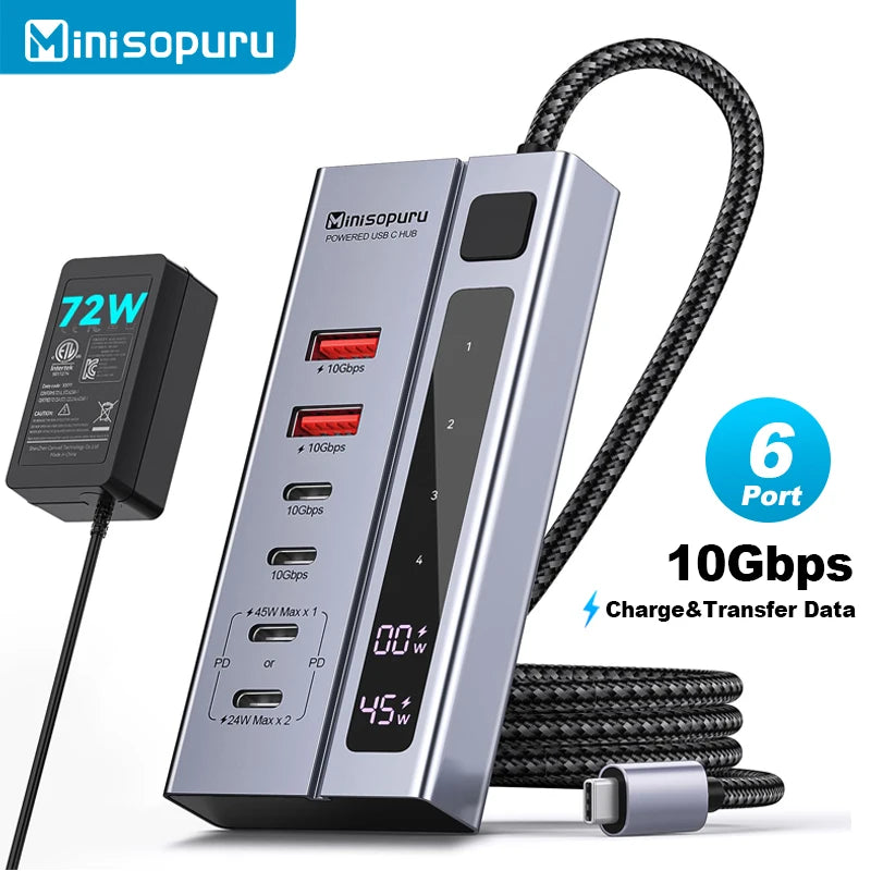 Minisopuru Powered USB C Hub 10Gbps Data Transfer with 72W Power ...