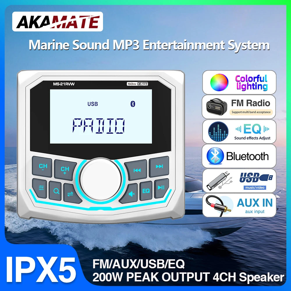 Boat Radio Square MP3 Player FM AM Bluetooth Waterproof Color Backlight ...