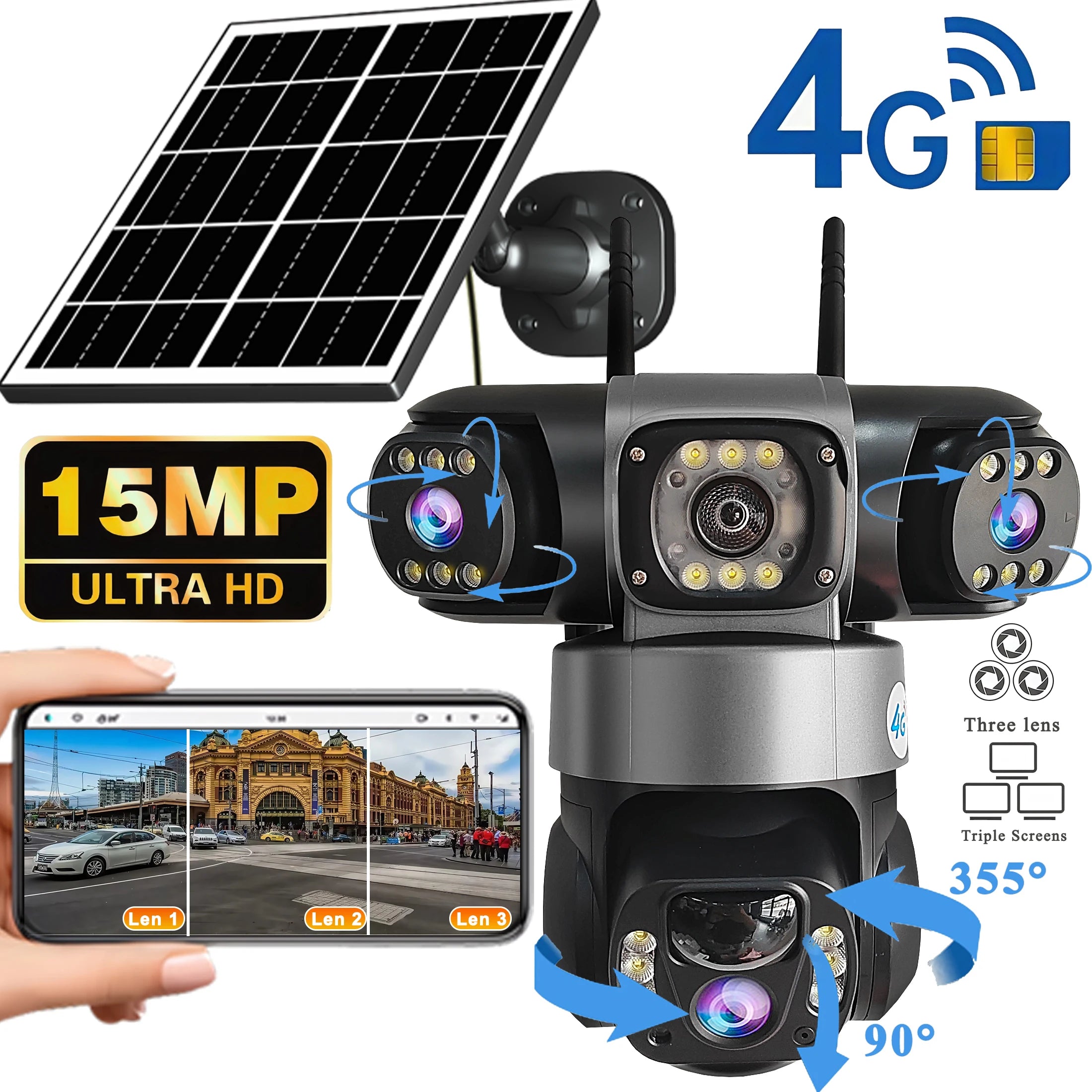3 Lens 4G Solar Camera 15MP HD Security CCTV Waterproof Night Vision T ...