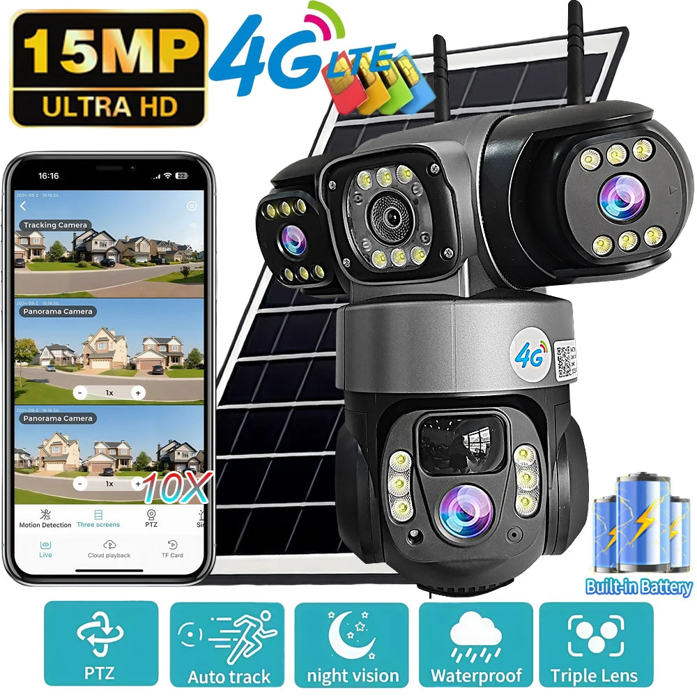 V380 3 Lens 4G IP Solar Camera HD 15 MP Outdoor Waterproof Built-in Ba ...