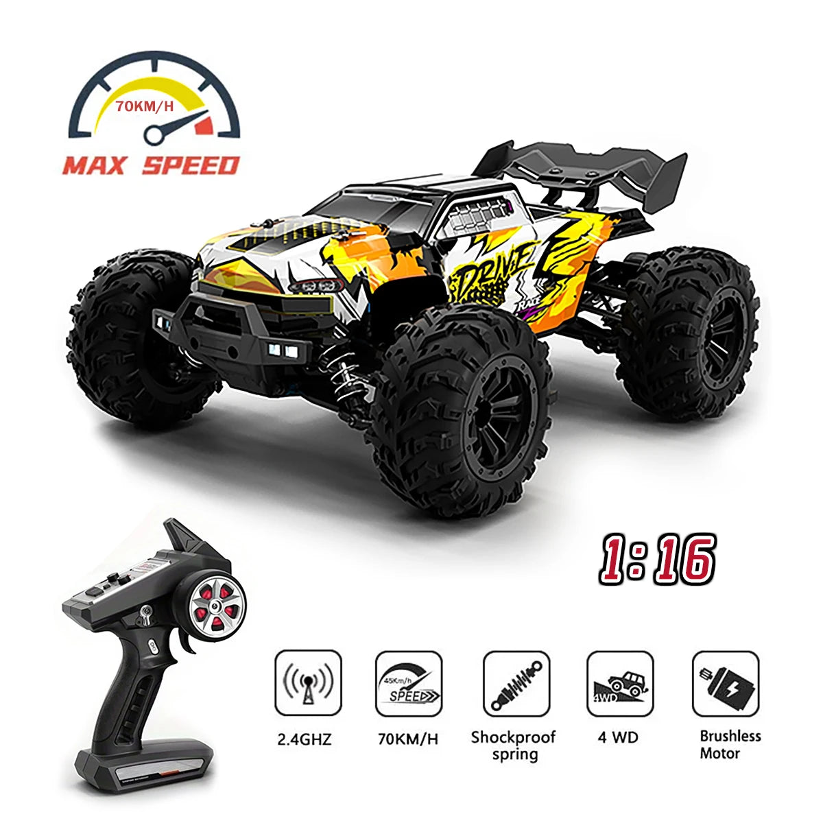 1/16 70KM/h 4WD RC Autó 2.4G Magas Sebességű Távvezérlésű Jármű Kefe ...