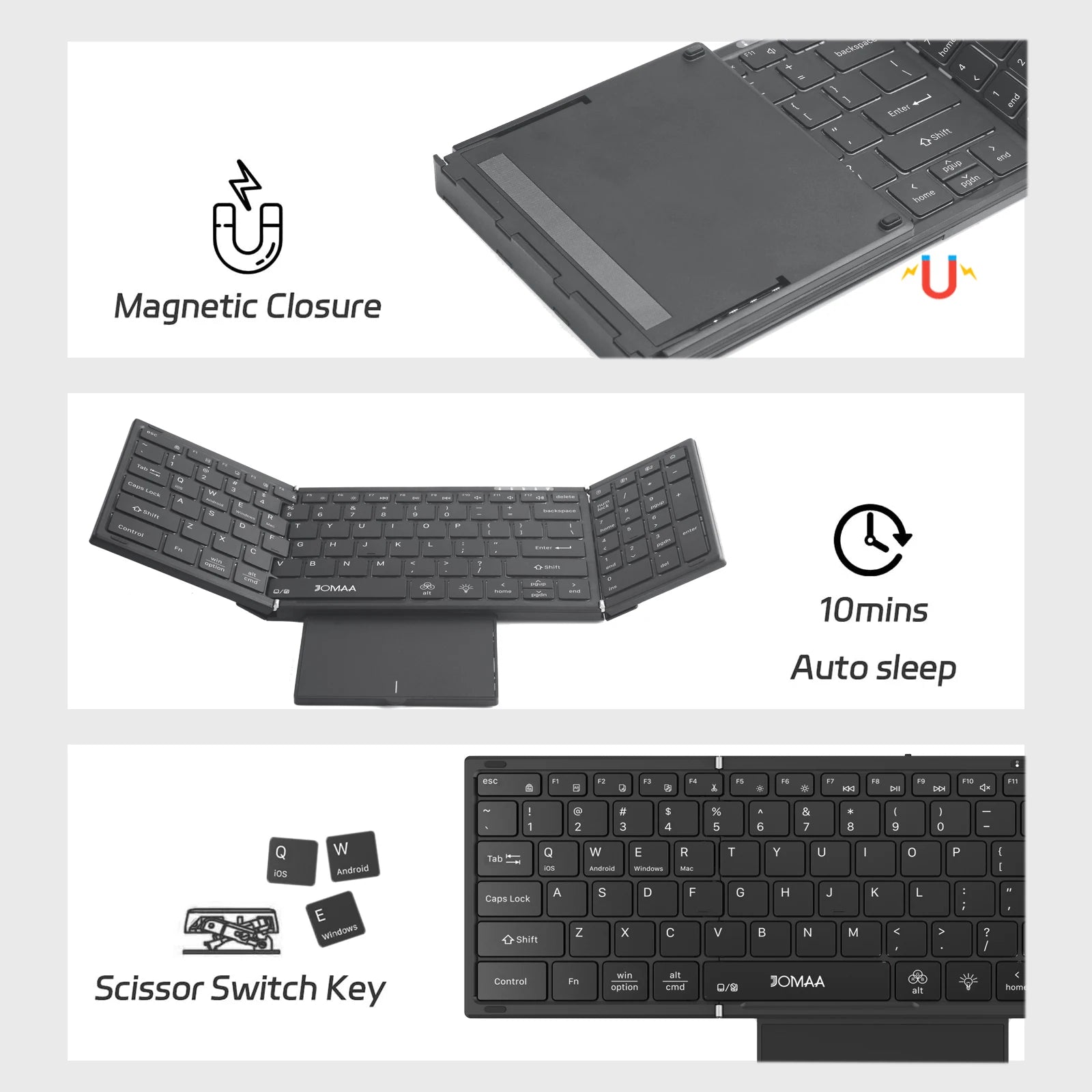 Jomaa Bluetooth Usb Folding Wireless Keyboard With Touchpadandnumber Keypad Rechargeable Rgb