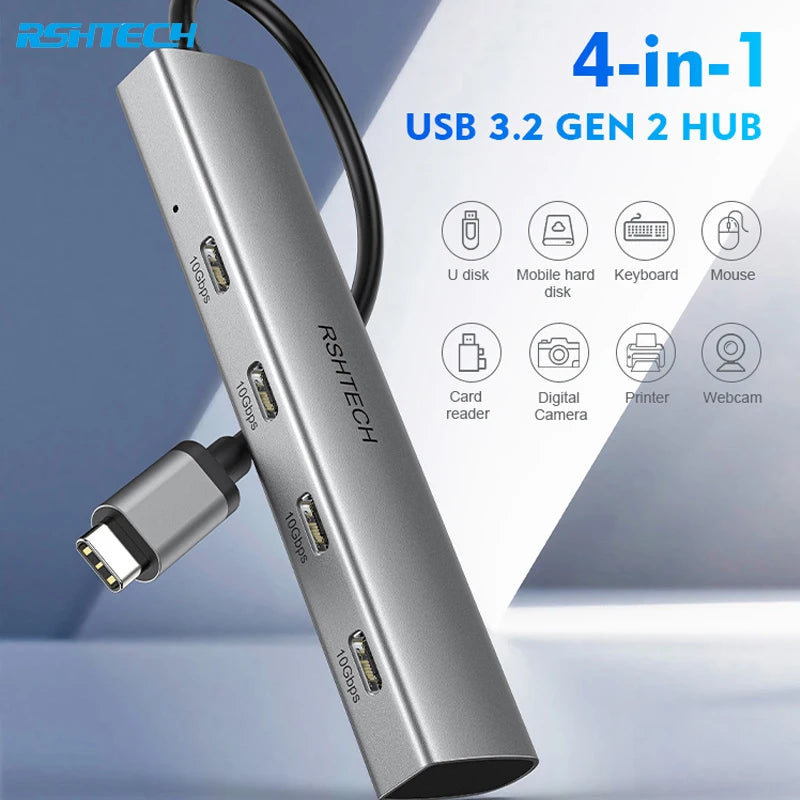 RSHTECH USB C Hub 10Gbps Aluminium 4-Port USB-C 3.2 Gen 2 Dongle Bærbar ...