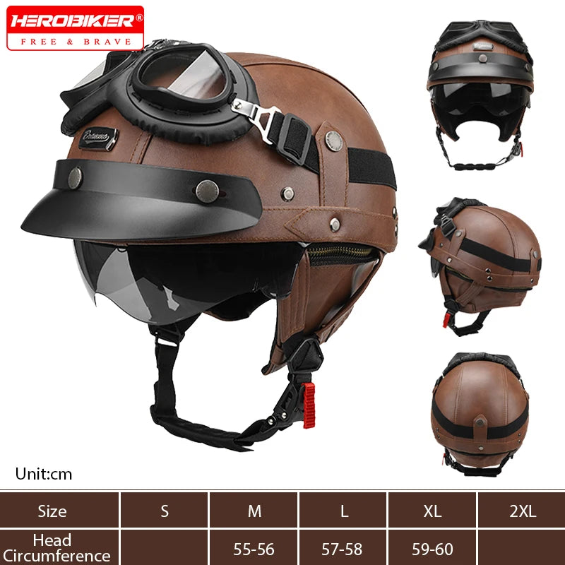 DOT Approved Motorcycle Helmet Men Women Retro Leather Moto Half Helmet ...