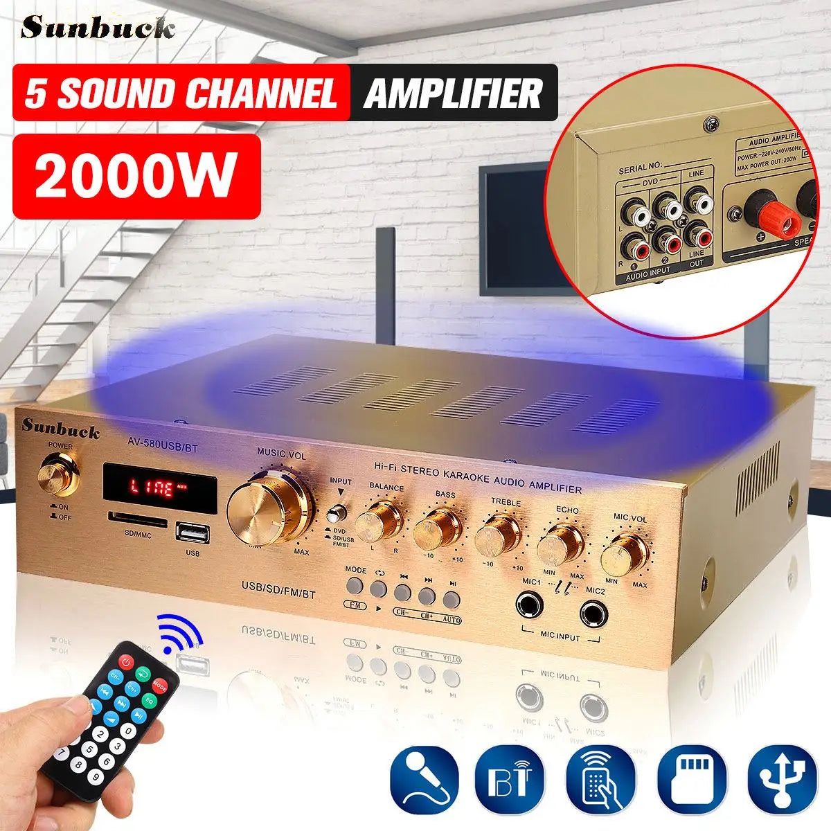 Sunbuck Bluetooth HiFi 5CH Power Audio Amplifier with FM Karaoke Cinem ...